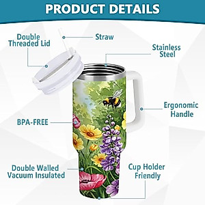 Maunzc 40 oz Tumbler with Handle and Straw, Insulated Stainless Steel Travel Mug with Lid for Coffee, Iced Tea, Water, Gift for Men Women (Spring Flowers Watercolor)