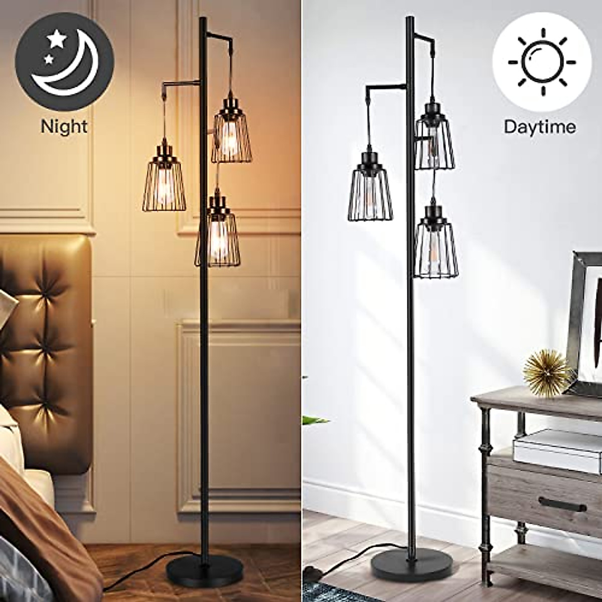 Dimmable Floor Lamp, 3 Edison Bulbs Included, 3-Light Farmhouse Industrial Standing Tree Lamp Industrial Floor Lamp with Elegant Teardrop Cage Heads Tall Lamps for Bedroom Office Dining Room