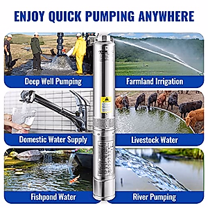 VEVOR Deep Well Submersible Pump, 0.5HP 115V/60Hz, 28gpm Flow 167ft Head, with 33ft Electric Cord, 4" Stainless Steel Water Pumps for Industrial, Irrigation&Home Use, IP68 Waterproof Grade