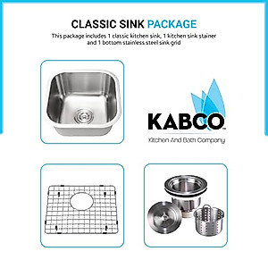 KABCO 16 Inch Square Single Bowl Stainless Steel Classic Kitchen Sink with Kitchen Sink Strainer, Garbage Basket and Sink Grid, 18 Gauge Undermount Rust Resistant Sound and Heatproof Swirl Finish Sink