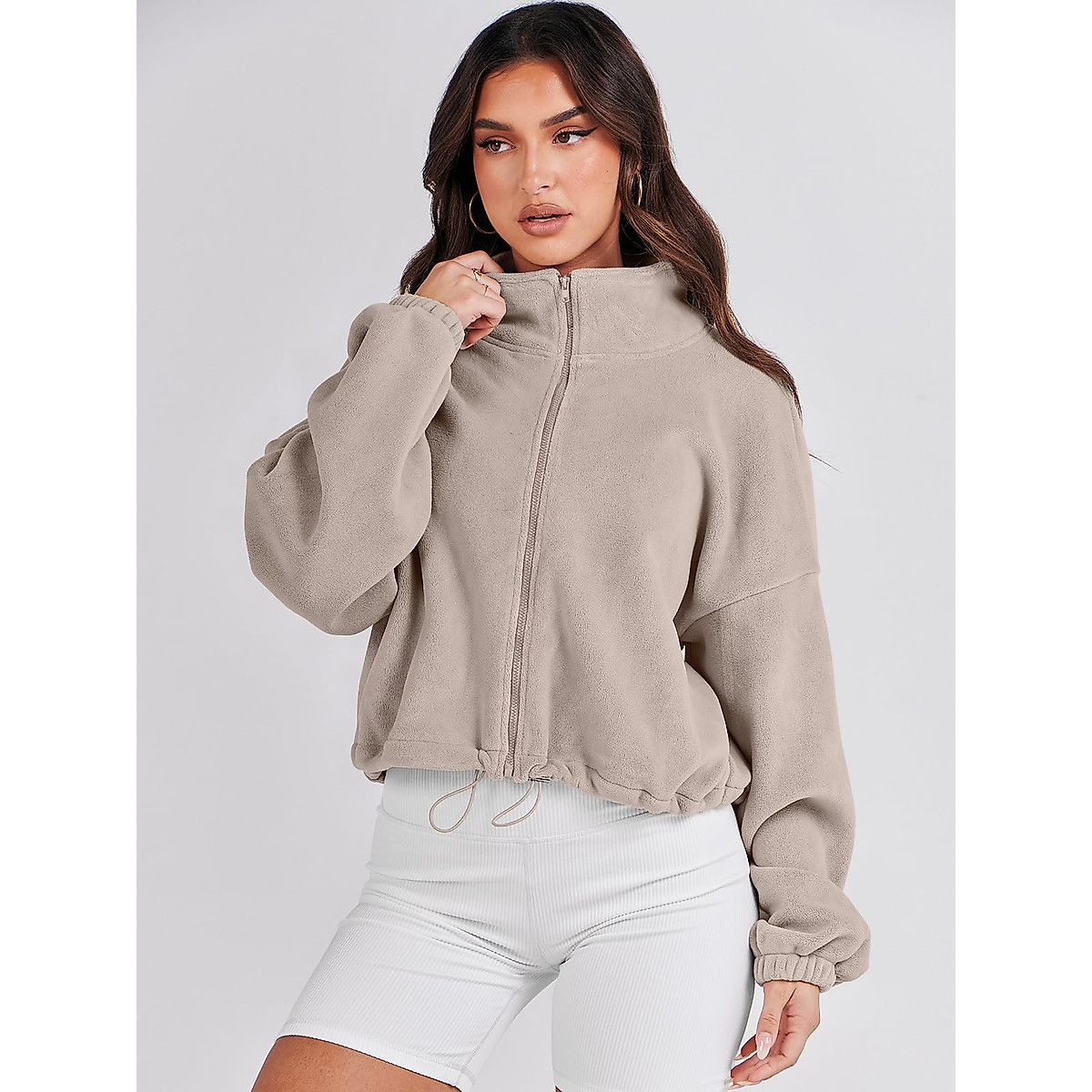 ANRABESS Women's Sweatshirts Full Zip Up Bomber Jacket Oversized Fleece Crop Sherpa Coat Long Sleeve High Neck Teddy Winter Pullover Active Sport Tops Outwear 1097 - XL, Khaki