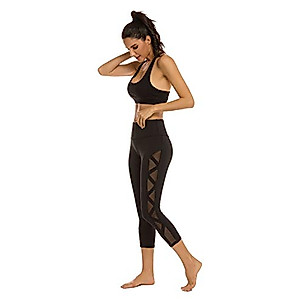 romansong High Waisted Workout Compression Capri Leggings for Women Petite Skinny Mesh Gym Legings with Pockets(Black,Small)