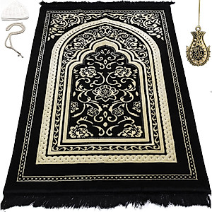 Modefa Turkish Islamic Velvet Prayer Rug - Thick Wide Soft Prayer Carpet - Men & Women - Large Prayer Mat - Eid & Ramadan Gift - with Kufi Cap Beads & Car Hanger - Double Plush Floral Black