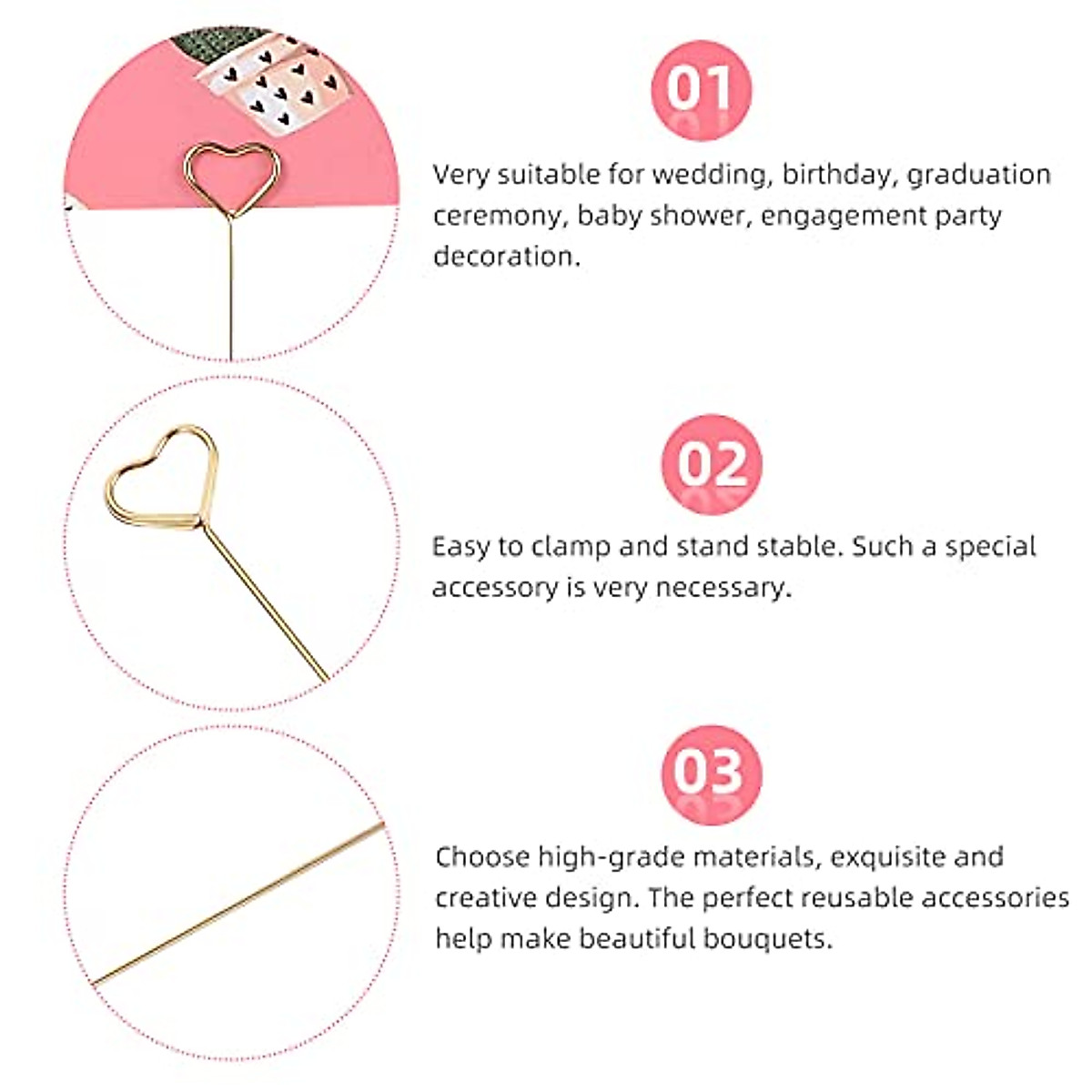 Hananona 30 Pcs Metal Floral Place Card Holder, 13.4 Inch Table Number Holders Heart Shape Flower Pick Clips for Floral Arrangement, Golden Card Holder Stick for Wedding and Party