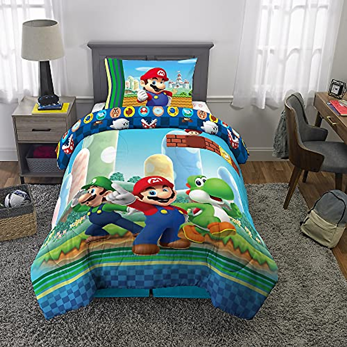 Franco Kids Bedding Super Soft Comforter and Sheet Set, 4 Piece Twin Size, Mario