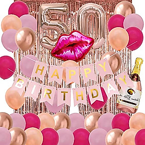 50th Birthday Decorations Women Rose Gold Hot Pink 50 and Fabulous Birthday Decor Cheers to 50 Years Rose Gold Happy Birthday Banner Curtain 50 Balloon Number Fifty Party Decor Lips Bottle Balloon