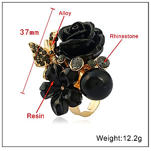 CZ Rose Flower Wedding Ring for Women Statement Engagement Round Rhinstone Crystal Aryclic Daisy Plumeria Adjustable Open Wrap Finger Rings Comfort Fit Cocktail Party Valentine Jewelry (Black)