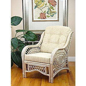 Malibu Lounge Set of 4: 2 Natural Rattan Wicker Chairs, Loveseat with Cream Cushions and Coffee Table w/Glass Handmade, White Wash