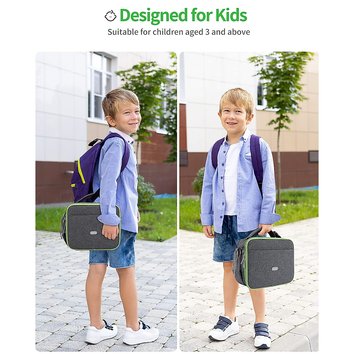 Amersun Kids Lunch Box with Multi-Pockets-Durable & Keep Food Warm Cold & Double Insulated School Lunch Cooler Bag with Water-Resistant Fabric for Kids, Girls, Boy-Children Lunch Tote (Grey)