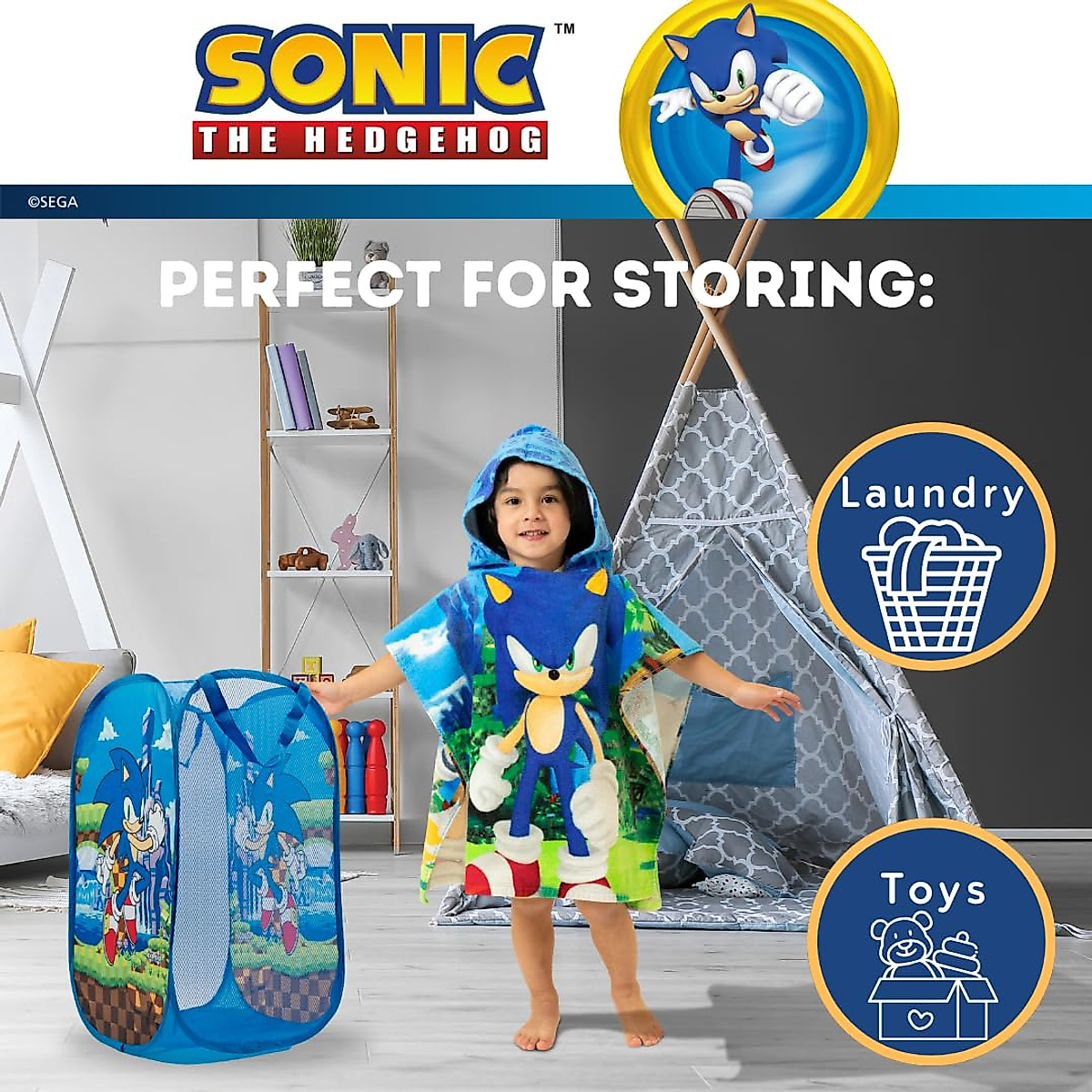 Sonic Anime Kids Room Collapsible Storage Bin Pop Up Hamper, One Size, (100% Officially Licensed Product)