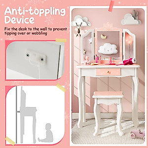 Costzon Kids Vanity Table and Chair Set, Girls Vanity Set with Mirror and Stool, Storage Drawer, Wooden Princess Makeup Dressing Table, Toddler Vanity, Pretend Play Vanity Set for Little Girls