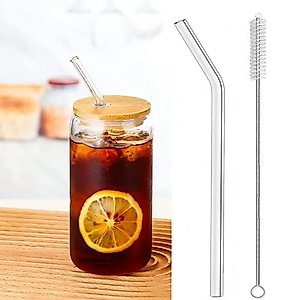 AGGICE Drinking Glass with Bamboo Lids and Glass Straw, 16Oz Can Shaped Glass Cup, Mason Jar Coke Cup Beer Glass Cocktail Glass Fruit Tea Cup Milkshake Glass Coffee Cup include Cleaning Brush