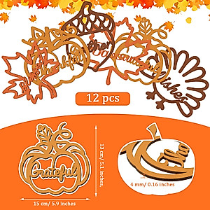 Spiareal 12 Pcs Fall Thanksgiving Wood Cutout Thankful Grateful Blessed Sign Plate Decor Pumpkin Maple Leaf Turkey Table Settings Thanksgiving Autumn Plate Table Wall Decoration(Yellow,Orange,Brown)