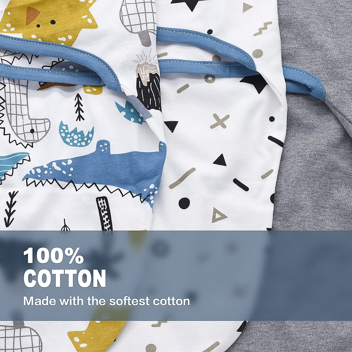 SEZUO Boys Swaddle Set, Large, 3pcs Wrap Blankets with 3pcs Baby Cotton Caps,3-6 Months (Doodle Dinosaur)