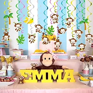 Little Monkey Hanging Swirl Banner Decor 30 Pack Green Jungle Forest Animal Foil Ceiling Streams Garland Banner Cutouts for Kids Zoo Wile One Life Baby Shower Birthday Party Supplies Room Wall Decor