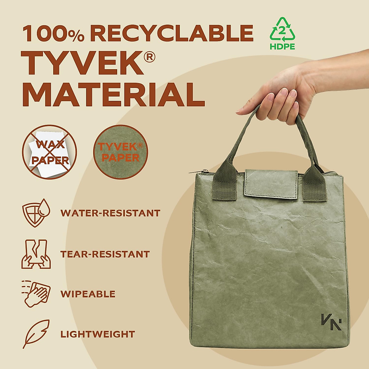 VonNova Insulated Lunch Box for Women, 7L Capacity, Leakproof Lunch Tote Bag, Durable Lunchbox made from Tyvek Material, Adult Cooler Bag for Work, Picnic, Travel and more (Olive Green)