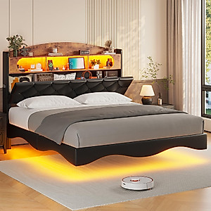 ADORNEVE Floating Bed Frame Queen Size with Storage Headboard & Led Lights, Leather Upholstered Platform Bed with Charging Station,RGB Floating Platform Bed, No Box Spring Needed, Noise-Free, PU Black
