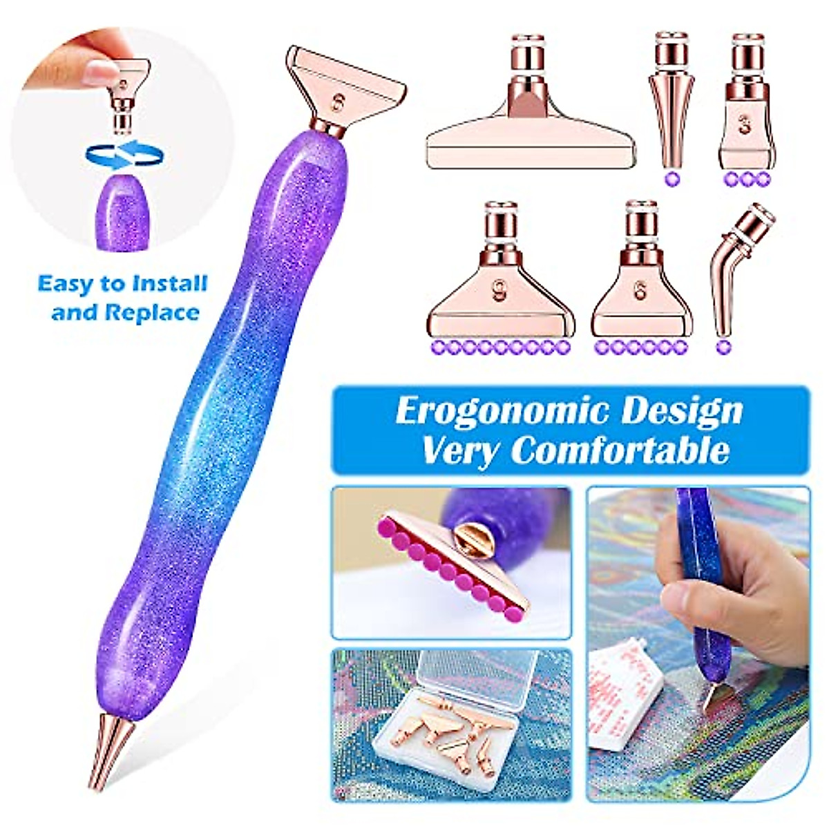 Kuangben 60 Slots Diamond Painting Storage Containers, Diamond Painting Accessories with Resin Diamond Painting Drill Pen, Magnet Cover Holder etc. Diamond Painting Kits (Pink)