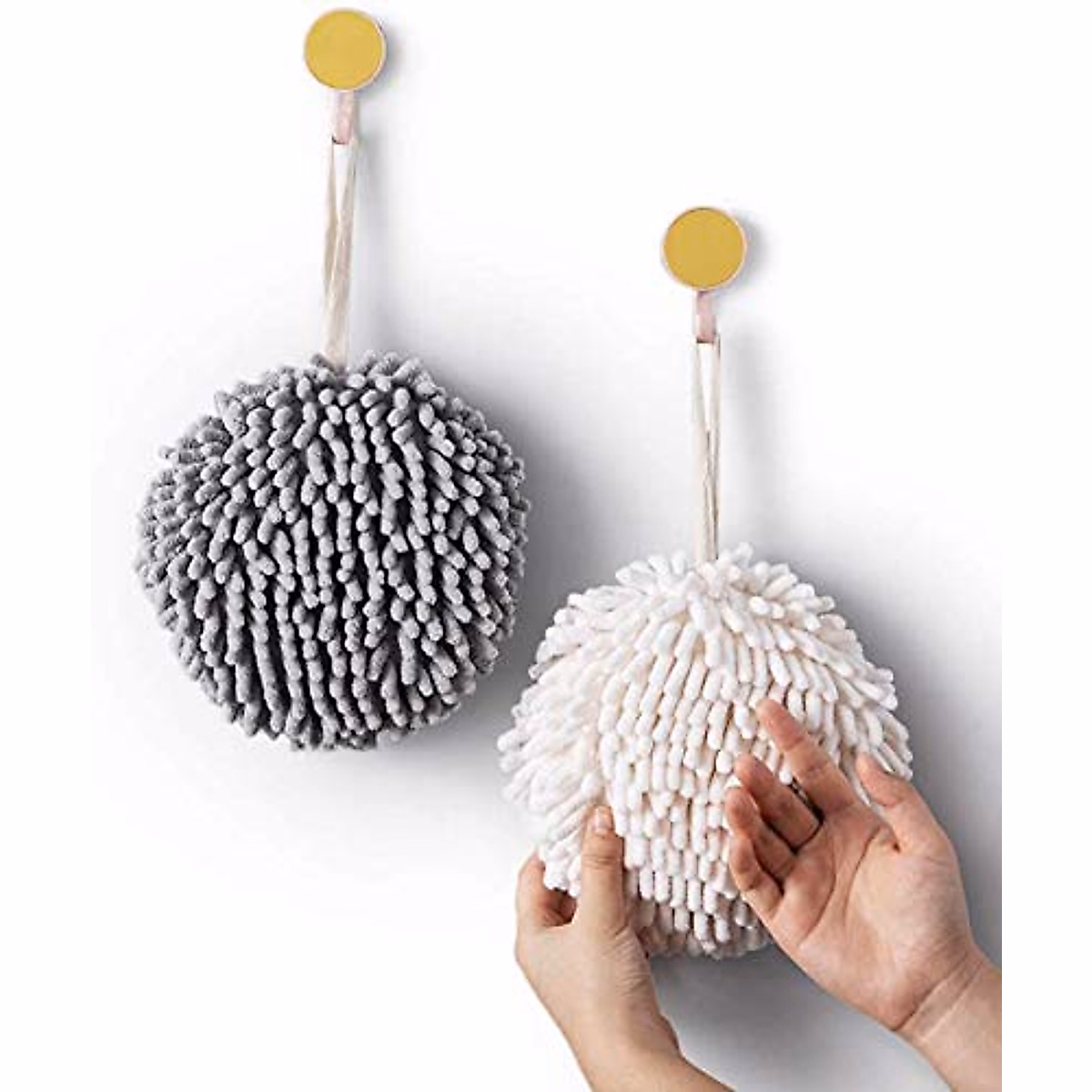 Gcace Microfiber Chenille Soft Hanging Hand Ball Towel Sets of 2 White and Gray Bathroom, Fast Dry dustproof, Dry Your Hand Instantly conveniently, for Cleaning, Absorbent Hand Ball Towels