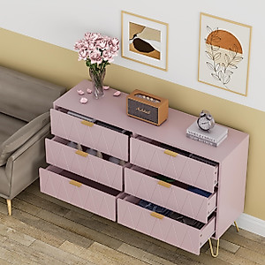 UEV 6 Drawer Dresser for Bedroom,Pink Dresser with Wide Drawers and Metal Handles,Modern Dresser Chest for Bedroom,Living Room,Entryway(Large Pink)