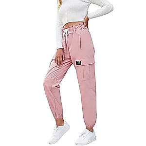 SANGTREE Girls Cargo Pants, Elastic Waist Drawstring Loose Tapered Multi Pockets Cargo Jogger Pants for Girl, Pink,7-8 Years Big Kid = Tag 140