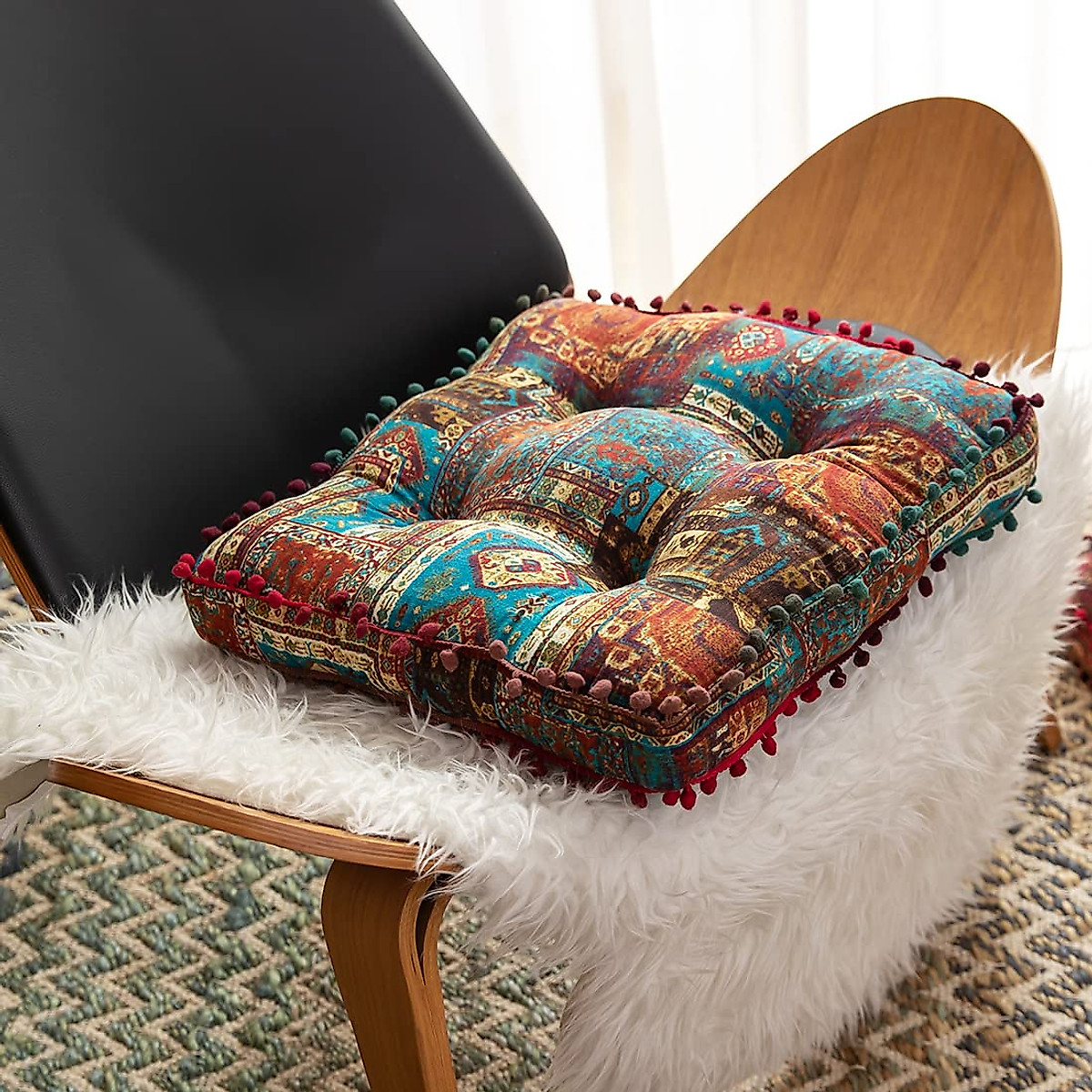 vctops Bohemian Patchwork Square Chair Seat Cushions for Dining Kitchen Office Chairs Patio Soft Cotton Linen Chair Pads (Blue,16"x16")