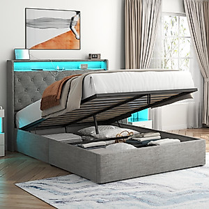 Loomie Full Lift Up Bed Frame with Charging Station & LED Lights, Upholstered Bed with Button Tufted Wingback Storage Headboard, Hydraulic Storage, No Box Spring Needed, Wood Slats Support,Light Grey