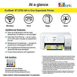 Epson EcoTank ET-2720 All-in-One Wireless Color Inkjet Supertank Printer for Office, White - Print Scan Copy - 5760 x 1440 dpi, Voice Activated, 10.5 ppm, 1.44" LCD, Borderless Print, Ethernet, WiFi