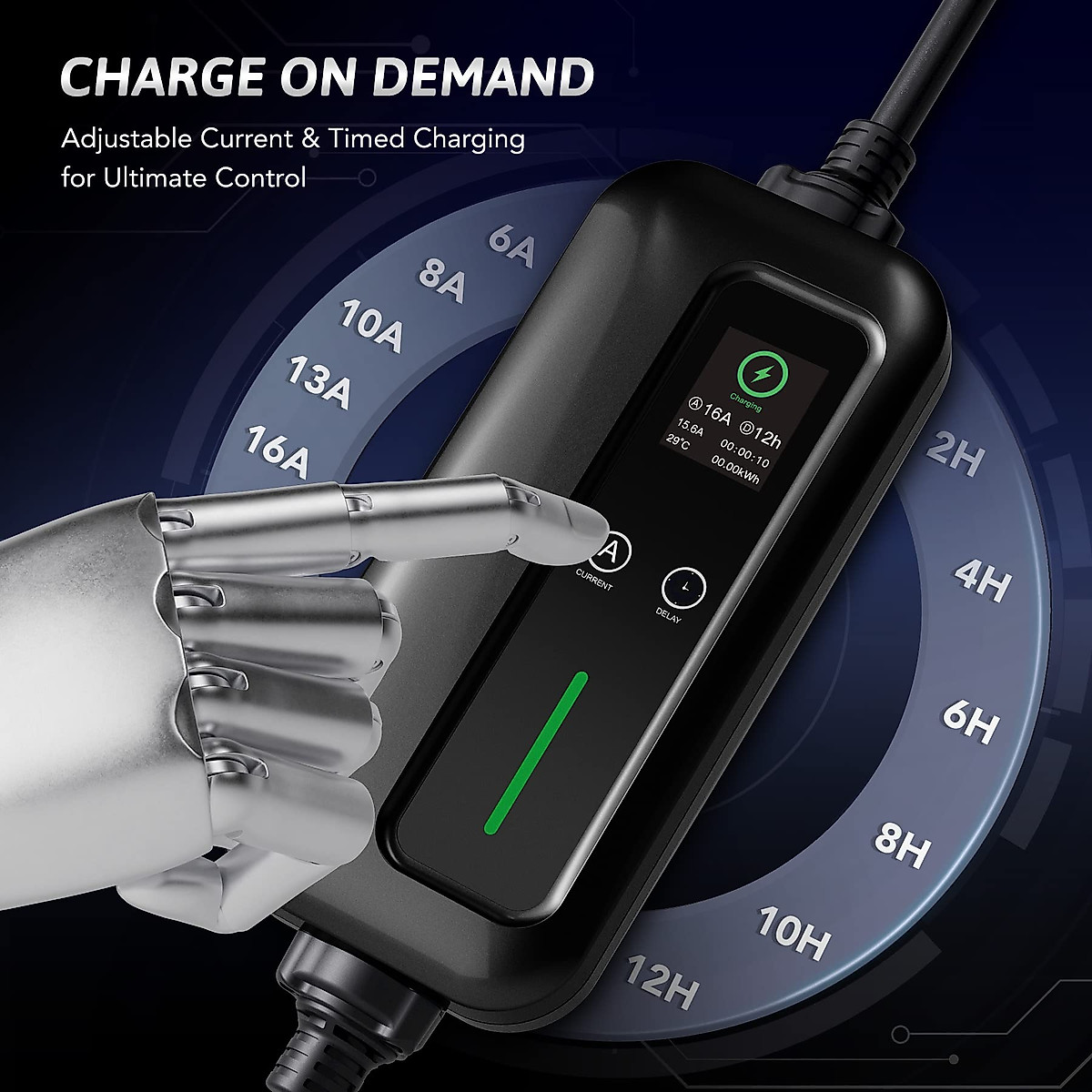 Level 2 & Level 1 EV Charger, 16Amp 110-240V Portable J1772 Electric Car Charger with NEMA 6-20 & NEMA 5-15 Adapter, Plug-in EV Charging Station with Adjustable Amp Delayed Timer 25ft Long Cord, Black