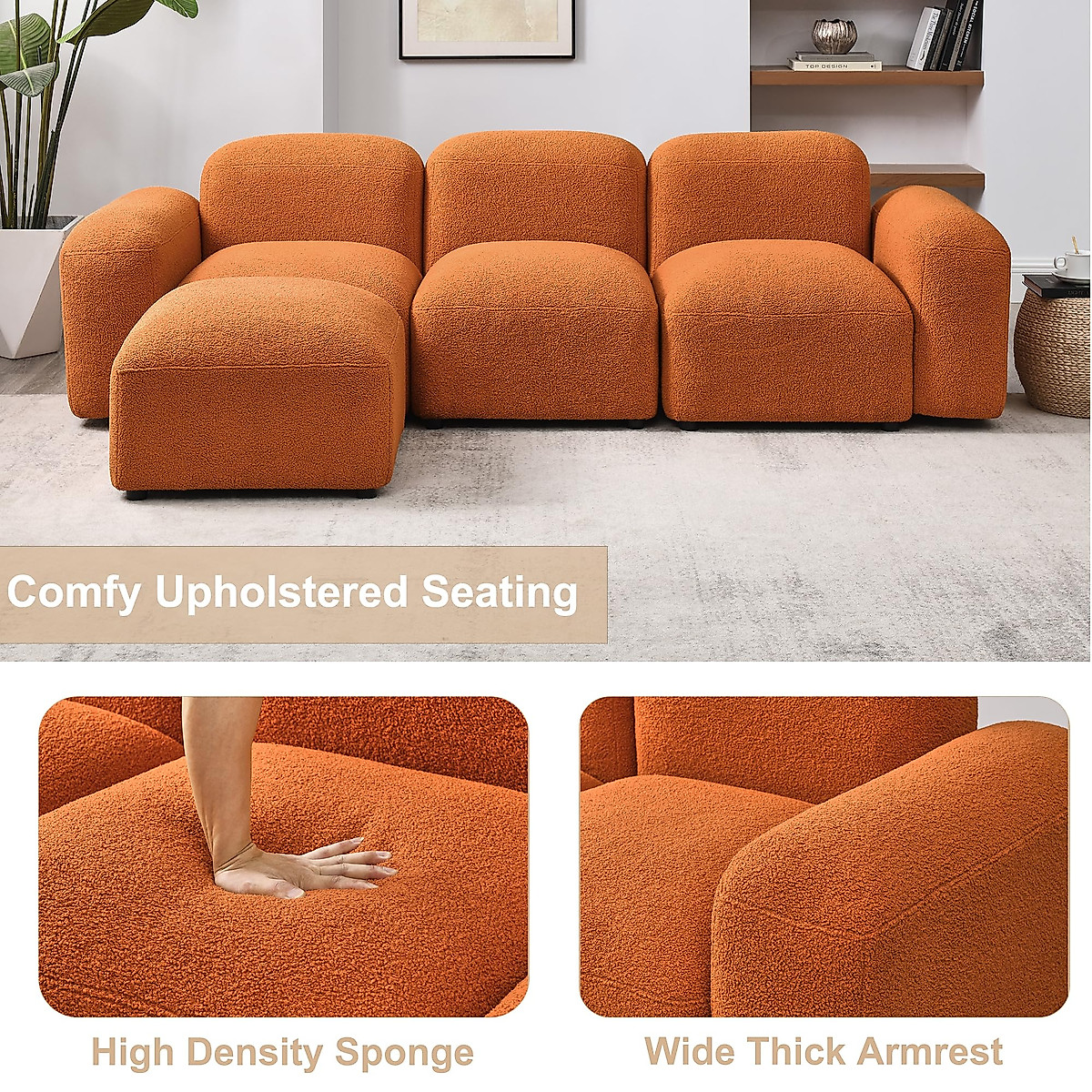Tmsan Modular Sectional Sofa, Convertible L Shaped Couch, 94.5" Modern Minimalist Cloud Couches for Living Room Set, Comfy Orange Teddy Fabric