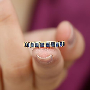 Rosec Jewels Certified Sapphire Half Eternity Band, AAA Quality, Natural Blue Sapphire Princess Cut Wedding Ring - Ready to Gift, 14K Yellow Gold, Size:US 10.00