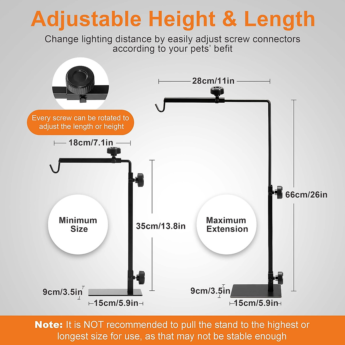 Simple Deluxe Reptile Lamp Stand Adjustable 14-26 inch Metal Bracket Floor Light Holder for Reptile Glass Terrarium Heating Light, Amphibian and Aquarium Tank