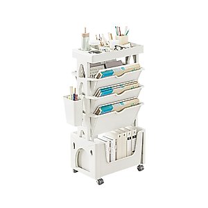 YAYLAIP 5-Tier Rolling Book Cart, Mobile Bookshelf with Wheels, Movable Bookshelf, Homeschool Supplies Storage and Organizer, Kids Bookshelf Carts for Home School Classroom Living Room, White