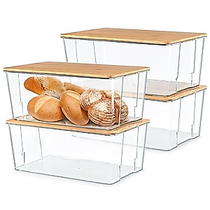 Hudgan 4 Pcs Acrylic Bread Box with Bamboo Lid, Bread Keeper Container for Homemade Bread, Clear Snack Storage Organizer