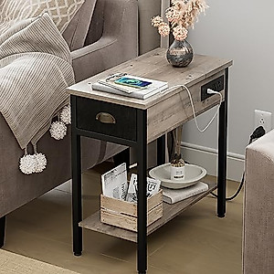 23 "End Table with Charging Station- Flip Top Narrow Side Tables With Storage Drawers/USB Ports/Outlets Sofa Couch Bedside Table Night Stand Furniture for Living Room Bedroom Office Small Spaces