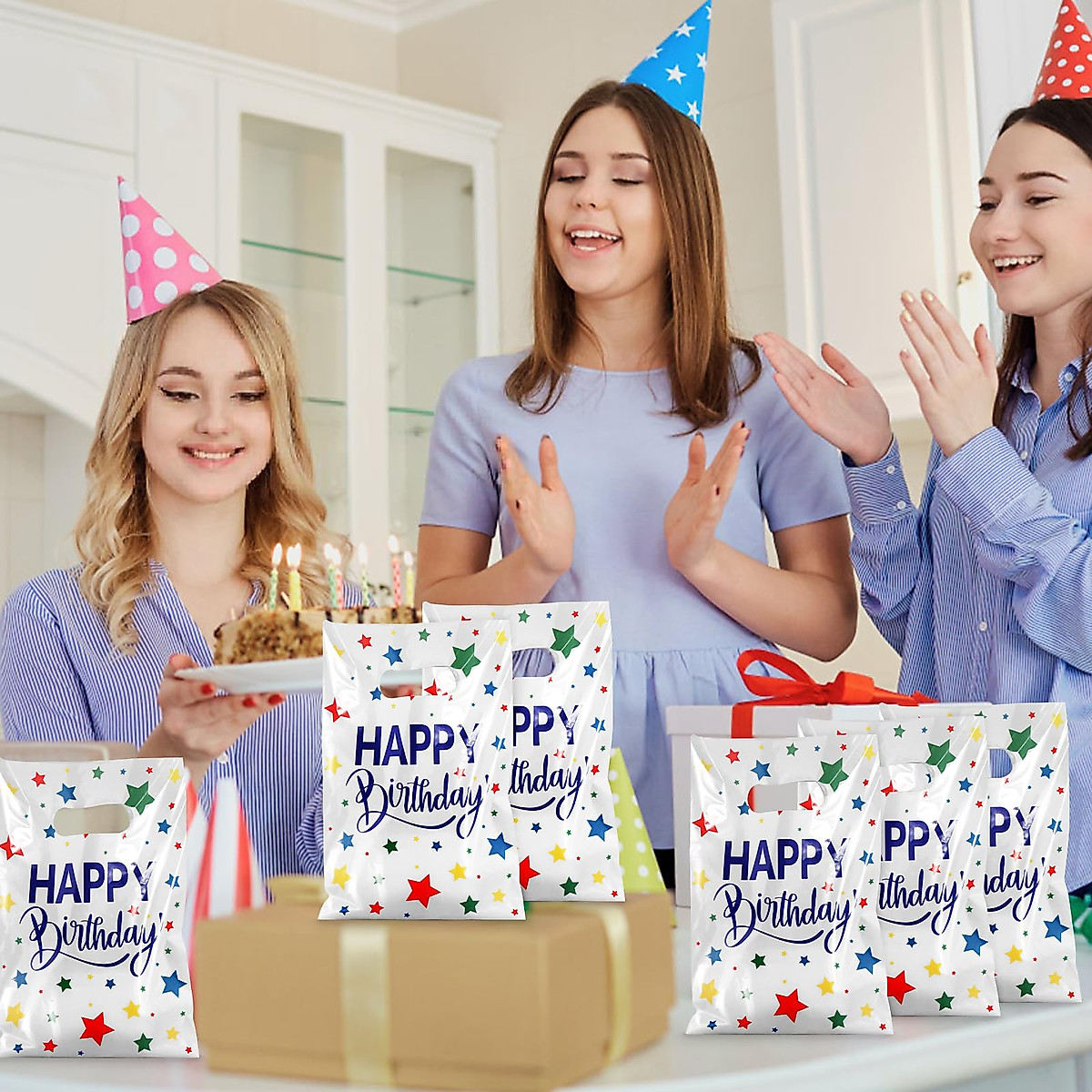 Hxezoc 50 Pieces Birthday Candy Bags Happy Birthday Goodie Bag Plastic Treat Bags Gift Wrap with Handles Favor Bags For Birthday Party Decoration Supplies (White)