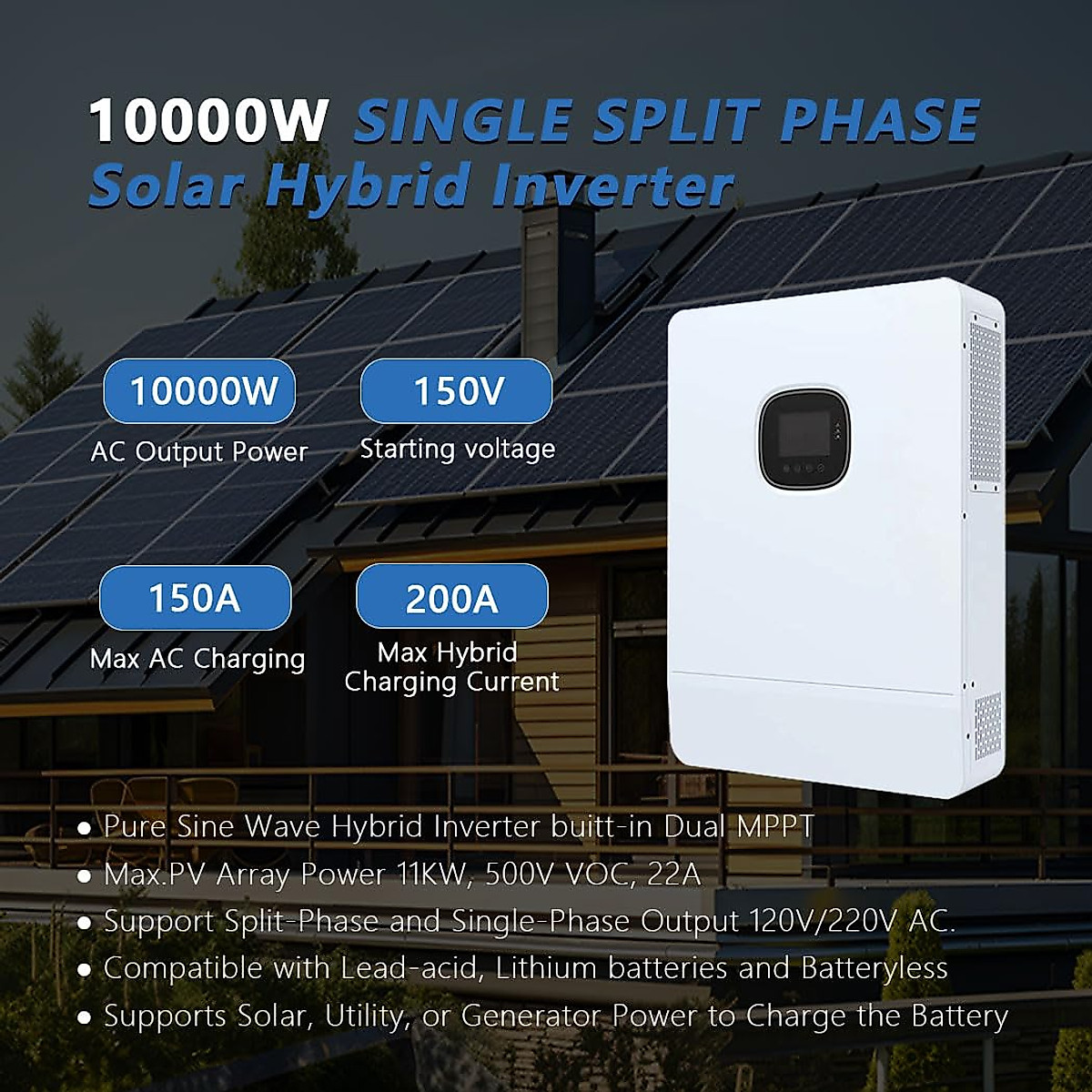 Y&H 10KW 48V Solar Hybrid Inverter Split-Phase 240V/Single-phase 120V Connection,200A MPPT Solar Charge,Pure sine Wave Output,BMS Activation,Peak Cutting and Valley Filling for Home Energy Storage
