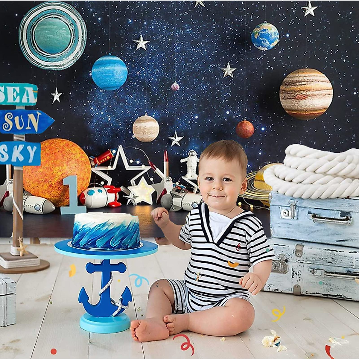 Outer Space Photography Backdrop Universe Planet Star Galaxy Astronaut Rocket Kids Birthday Party Decoration Boy Portrait Photo Background Birthday Party Cake Table Banner Vinyl,7x5ft