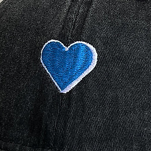 KUBILA Hand Drawn Blue Heart Hats for Women Men,Unisex Love Heart Embroidered Cotton Adjustable Snapback Baseball Cap Dad Hat Washed Black