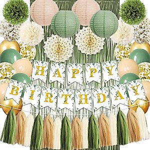 Sage Green Birthday Party Decorations with Happy Birthday Banner Olive Green Gold Balloons Fringe Curtain for Girls Women Baby Shower Birthday Decor