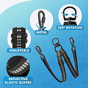 Double Dog Leash – Adjustable Length Long Leash for Dog Training – Dual Reflective Dog Leash with Non-Tangle Design – Heavy Duty Nylon and Metal Buckles – Ideal (Black, Large)