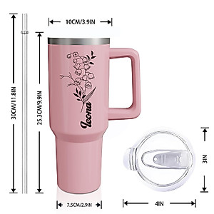Personalized Gifts 40 Oz Tumbler with Handle and Straw Lid, with Names and Birth Flower Travel Coffee Mug, Custom Stainless Steel Double Walled Insulated Cup, Customized Gifts for Women Men Friend