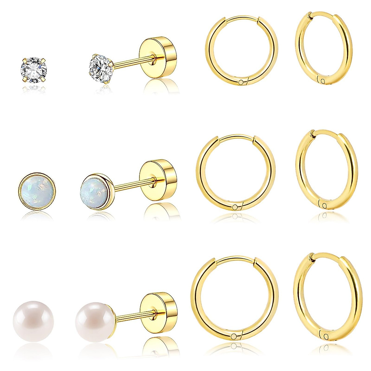 6 Pairs Gold Hoop Earrings Set, Opal/Pearl/Cubic Zirconia Stud Earrings for Sensitive Ears Hypoallergenic Small Huggie Hoop Earrings for Women Flat Back Earrings for Cartilage Helix Multiple Piercing