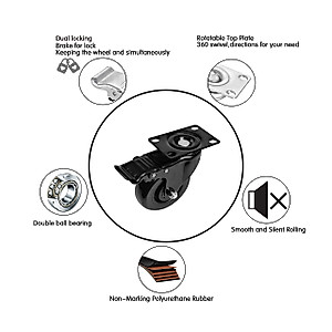 Moogiitools 4" Swivel Rubber Caster Wheels with Safety Dual Locking Heavy Duty 1800lbs Casters Set of 4 Black (All with Brake)