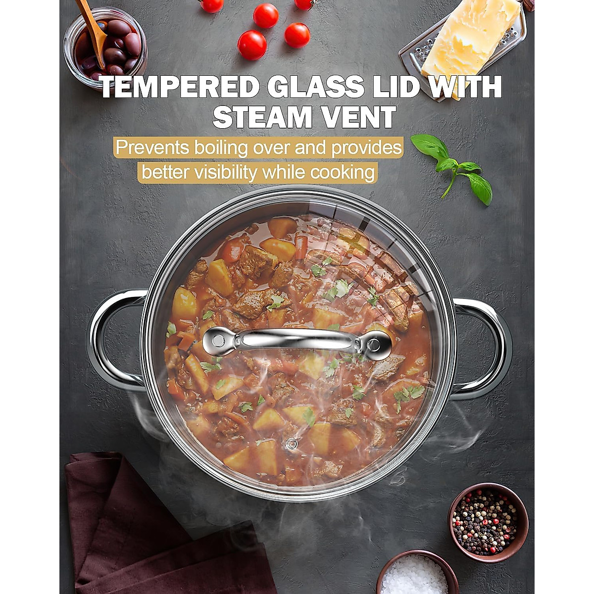 Cook N Home Stockpot with Lid, Basics Stainless Steel Soup Pot, 12-Quart