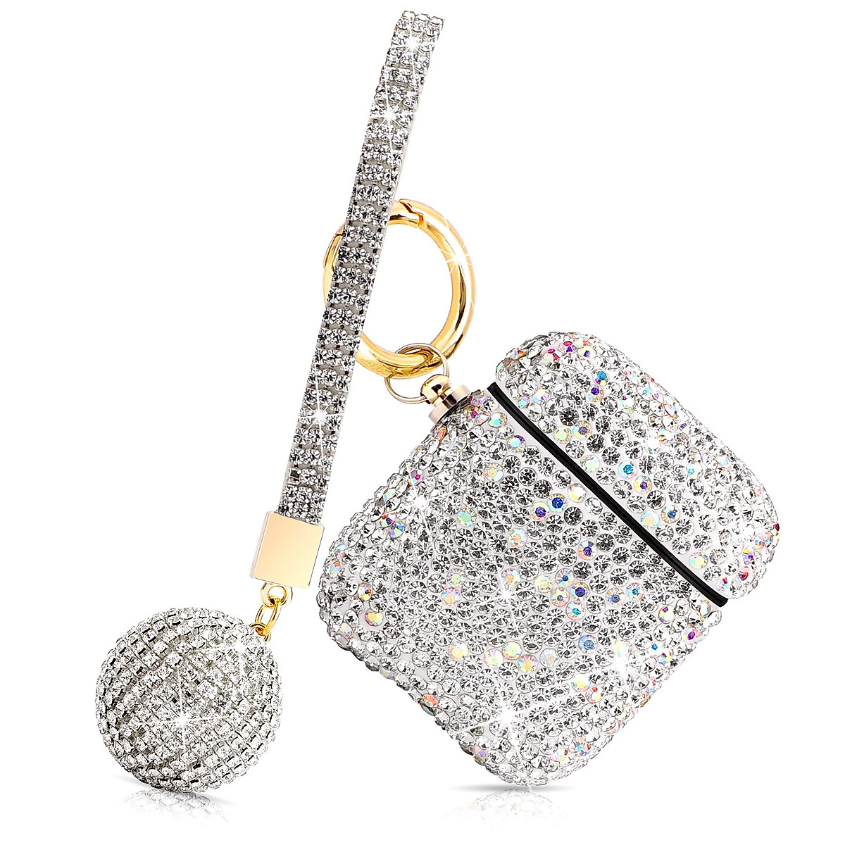 Luxurious Rhinestone AirPods Case, Protective Bling Diamonds AirPod Charging Protective Case Cover for Apple I10/I12 TWS (Silver with Keyring)