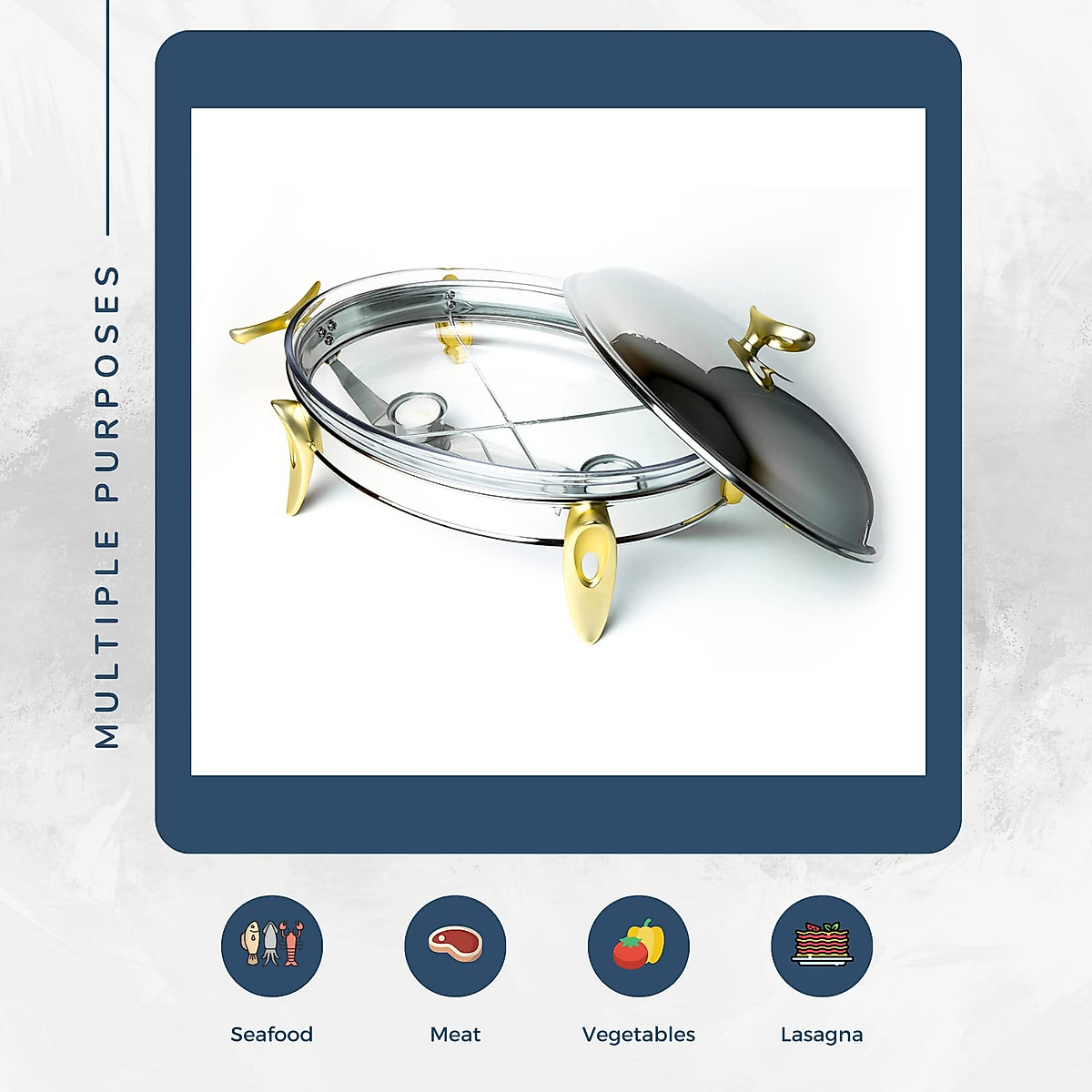 Rigeli Regent O2 Stainless Steel 3 Lt. Oval Warmer with Stainless Steel Cover, Chafing Dish, Buffet Servers, Gold, Silver