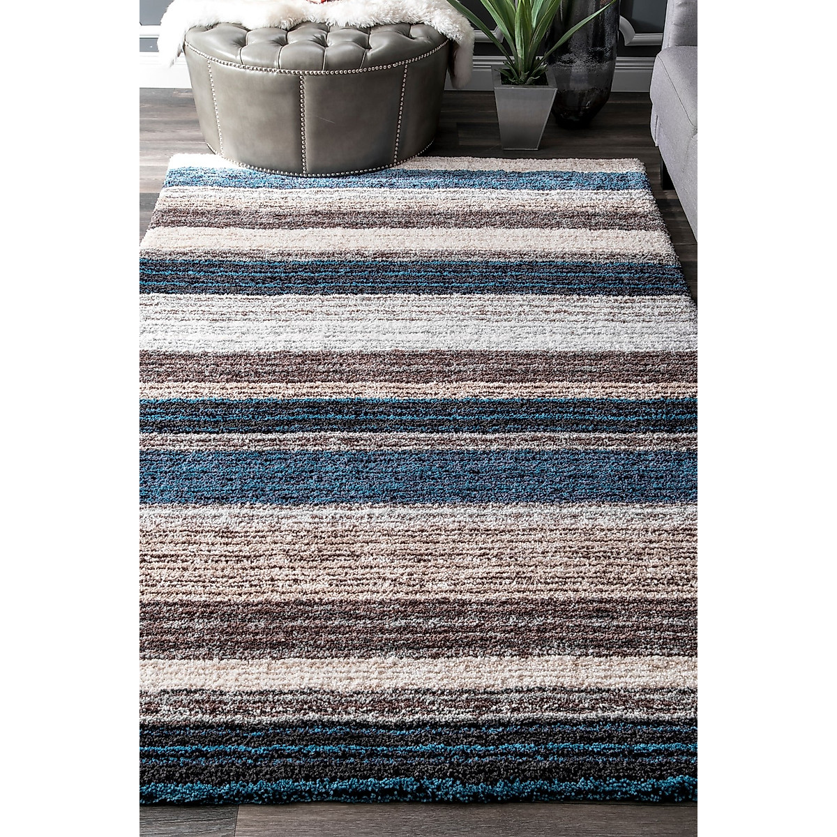 nuLOOM Drey Striped Shag Area Rug - 3x5 Accent Shag Rug Casual Blue Multi/Brown Rugs for Living Room Bedroom Dining Room Nursery Entryway