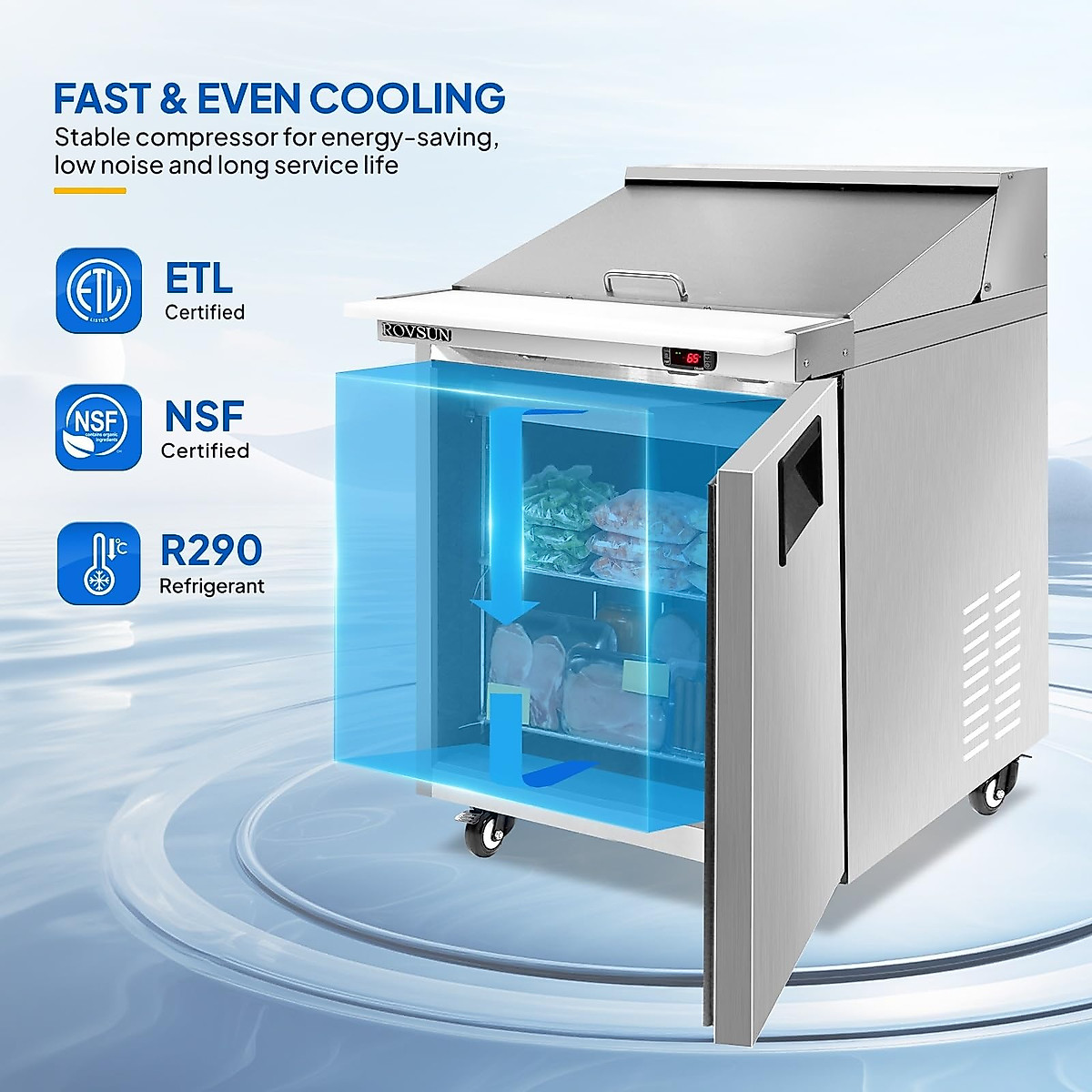 ROVSUN 7.1 Cu.Ft Commercial Refrigerator ETL NSF DOE, Sandwich & Salad Prep Table Refrigerator 27" Stainless Steel w/Cutting Board Food Pans Lockable Wheels for Restaurant, Bar, Shop