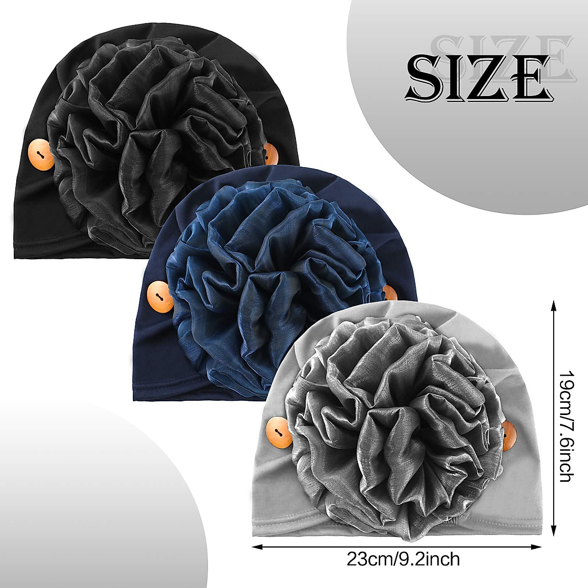 3 Pieces Bouffant Cap with Buttons Elastic Soft Flower Stretch Head Wraps for Nurses (Black, Gray, Navy Blue)